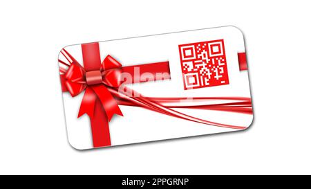 QR code on voucher card with blue ribbon and bow isolated on white ...