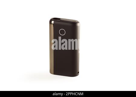 Black new GLO heating smoking device floats in puffs of white blue neon ...