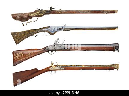 Old ancient 17th and 18th century rifle firearms isolated on white ...