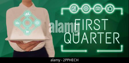 Text caption presenting First Quarter. Business idea one of the ...