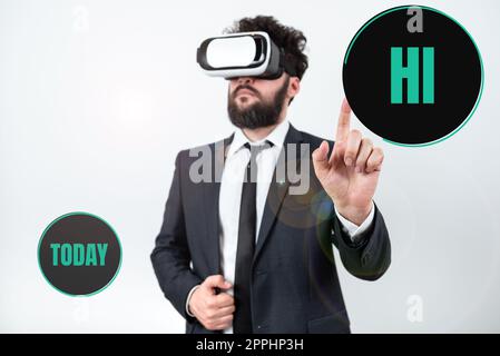 Hand writing sign Hi, Concept meaning used as a greeting or to begin a ...