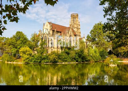 Stuttgart Johanneskirche church at Feuersee lake panorama town in ...