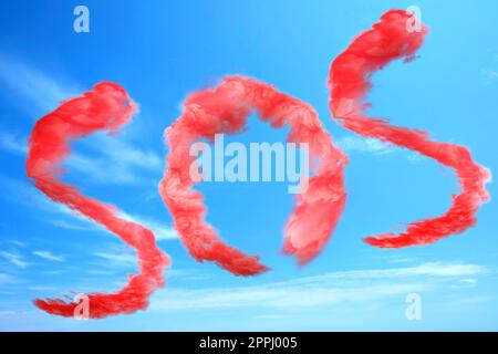 Word SOS made of red smoke and view of cloudy sky over mountains Stock ...