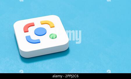 Google Lens Logo 3D Symbol Shape on Wooden Floor Against Blue Wall with ...