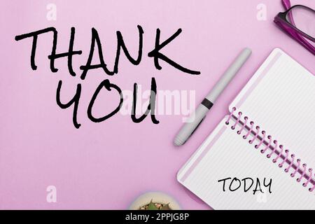 Text caption presenting Thank You. Conceptual photo replaying on ...