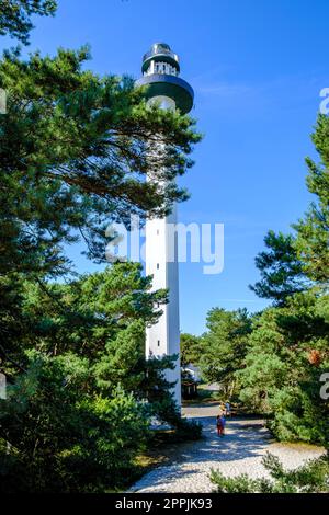 Dueodde Fyr, the tallest lighthouse in Denmark, on Dueodde Beach on the ...