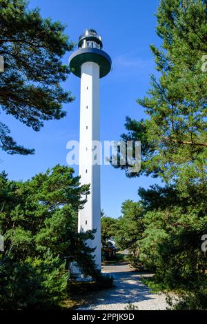 Dueodde Fyr, the tallest lighthouse in Denmark, on Dueodde Beach on the ...