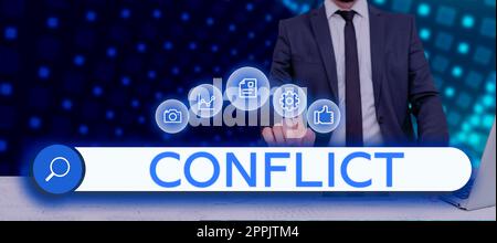 Hand writing sign Conflict, Business concept disagreeing with someone ...