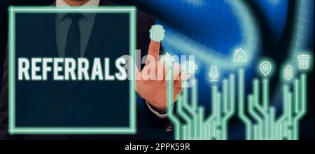 Hand writing sign Referrals. Word Written on conditions that form the ...