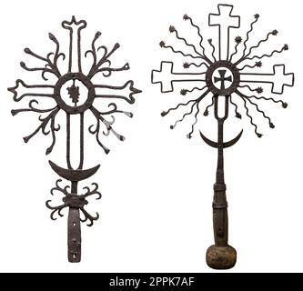Ancient metal crosses isolated on white background. Two ancient rusty ...