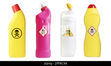 Set with different toxic household chemicals with warning signs on ...