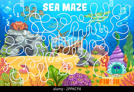 Labyrinth maze cartoon underwater landscape and animals. Kids vector ...