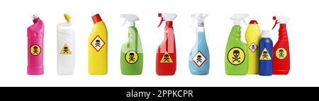 Set with different toxic household chemicals with warning signs on ...