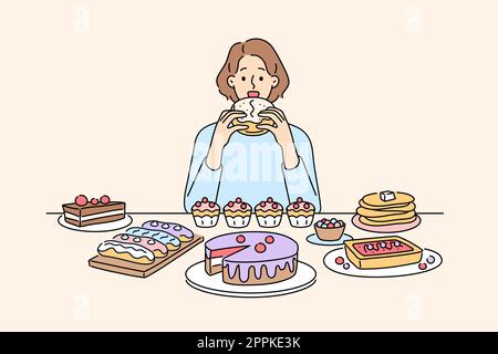 The fat woman is enjoy eating many junk foods. Overweight people taste ...