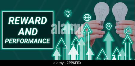 Hand writing sign Reward And Performance, Business concept Given in ...