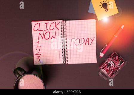 Text sign showing Click Me Now. Word for Internet helping desk Press ...