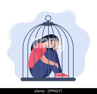Sad woman in cage. Domestic violence, man laughing sad girl. Wife ...