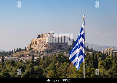 Acropolis of Athens - Pathenon and Greek Flag Stock Photo - Alamy