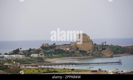 View of the Atlit beach and ruins of the Chateau Pelerin fortress ...