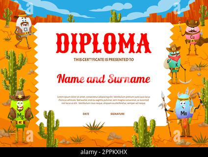 Kids diploma, Wild West cartoon vitamin A, B and E cowboy, bandit and ...