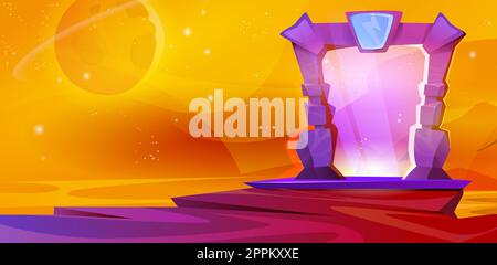 Fairy magic portal cartoon game vector set. Fantasy teleport door to parallel dimension. Wizard ...