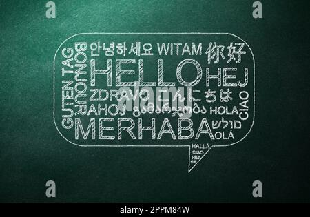 Greeting words in different foreign languages written on green ...