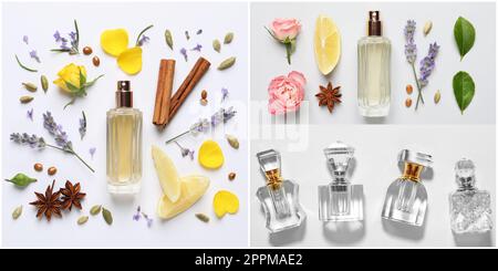 Beautiful collage with photos of luxury perfume and ingredients ...