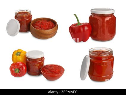 Set with delicious canned lecho on white background Stock Photo - Alamy
