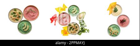 Different kinds of tasty hummuses on white background, top view. Banner ...