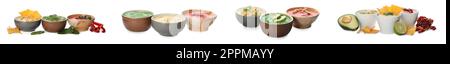 Different kinds of tasty hummuses on white background, top view. Banner ...