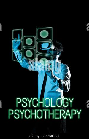 Hand writing sign Psychology Psychotherapy. Business approach use of a ...