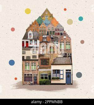 The collage from views of historic medieval buildings along a canal in ...