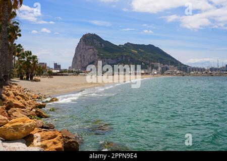 Poniente Beach in La Linea with a view over the Rock of Gibraltar in ...