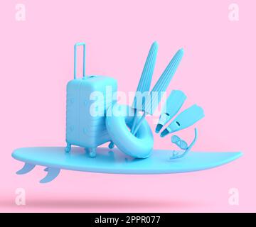 Colorful surfboard, beach ball and scuba mask on monochrome blue ...