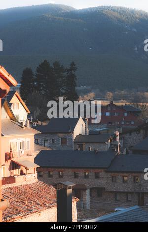 Alpine townscape with black ceilings in a Pyrenees village skyline ...