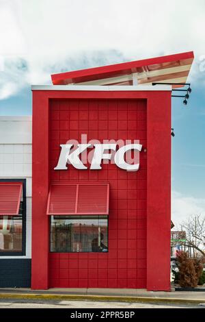 A red painted KFC or Kentucky Fried Chicken exterior building ...
