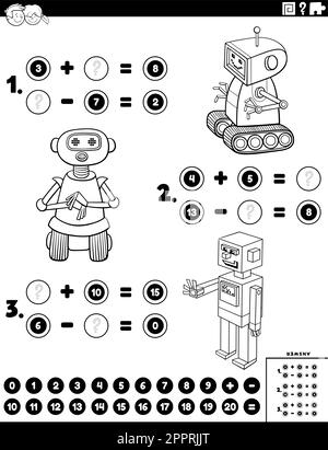 addition and subtraction worksheet with cartoon robots Stock Vector ...