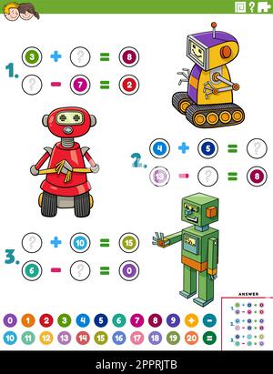 Math game worksheet. Cartoon robots and droids with motherboard lines ...