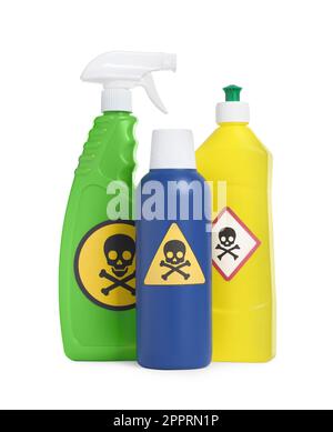 Set with different toxic household chemicals with warning signs on ...