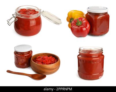 Set with delicious canned lecho on white background. Banner design ...