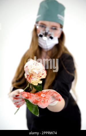 dissect white rose scarlet blood flows from rose drops of blood on ...