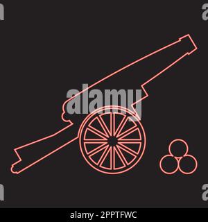 Neon medieval cannon firing cores red color vector illustration image ...