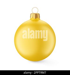 3D illustration. Closeup of yellow bauble on branch of a Christmas tree ...