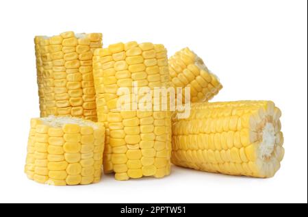 Pieces of fresh corncobs on white background Stock Photo - Alamy