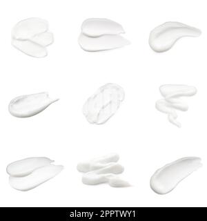 Set with samples of facial creams on white background, top view. Banner ...