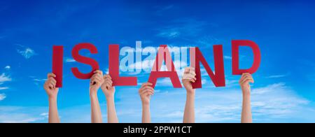 People Hands Building Word Iceland, Blue Sky Stock Photo - Alamy