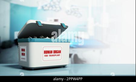 Human organ transport box in the operating room. With copy space. 3D ...