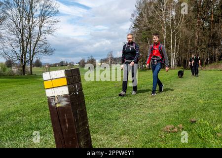 Janov, Czech Republic. 23rd Apr, 2023. Tourist signpost of the newly ...