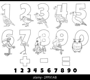 educational numbers set with comic birds coloring page Stock Vector ...