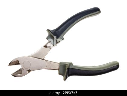 old diagonal cutters with green and black rubber handle isolated on ...